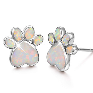 Ladytree S925 Sterling Silver Jewelry Puppy Dog Cat Pet Paw Print White Simulated Opal Stud Earrings