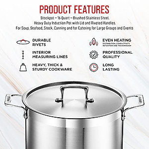 Stockpot – 16 Quart – Brushed Stainless Steel – Heavy Duty Induction Pot with Lid and Riveted Handles – For Soup, Seafood, Stock, Canning and for Catering for Large Groups and Events by BAKKEN