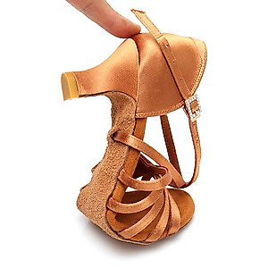 RoseMoli Women's Latin Dance Shoes Satin Professional Ballroom Salsa Practice Performance Dance Shoes Tan-2.2