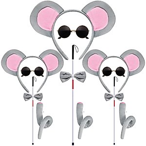 Mouse Costume Ears-Headband-Tail-Bow-Tie Accessories Set : 3 Pcs Standing Up Grey and Pink Ears Headband and Tail, Bow Tie Blind Cane Mouse Halloween Accessories Set - for Toddlers and Kids(Three Pcs)