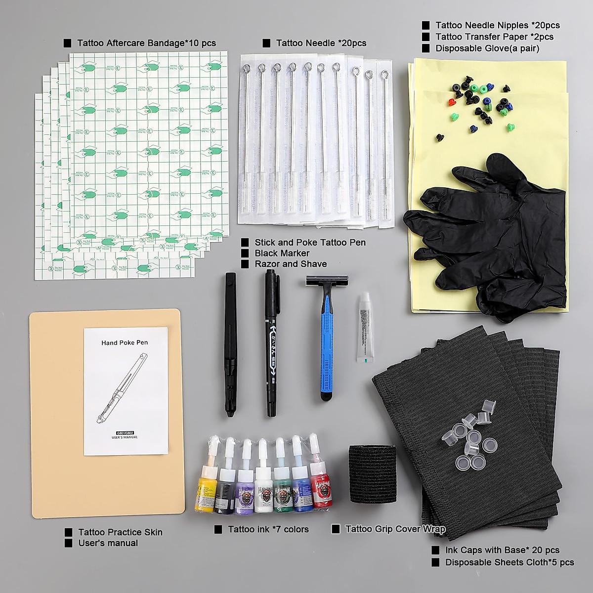 HAWINK Hand Tattoo Poke Stick Kit DIY Tattoo Tool Kit with 7 Ink 20 PCS Needles Aluminum Alloy Pen GK-HW801TN01-1