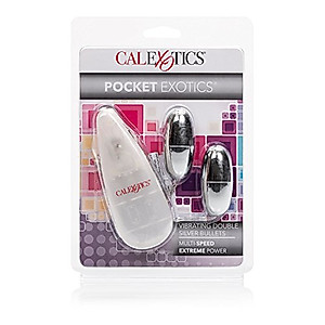 CalExotics Pocket Exotics Wired Remote Double Bullet Vibrator - Sex Toys for Couples - Adult Vibe Eggs Massager - Silver