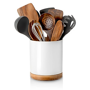 Nucookery 360° Rotating Utensil Holder, 7.2" Large Utensil Crock, White Ceramic Cooking Utensil Organizer with Countertop-Protection Cork Bottom for Farmhouse Kitchen Decor Gift (White)