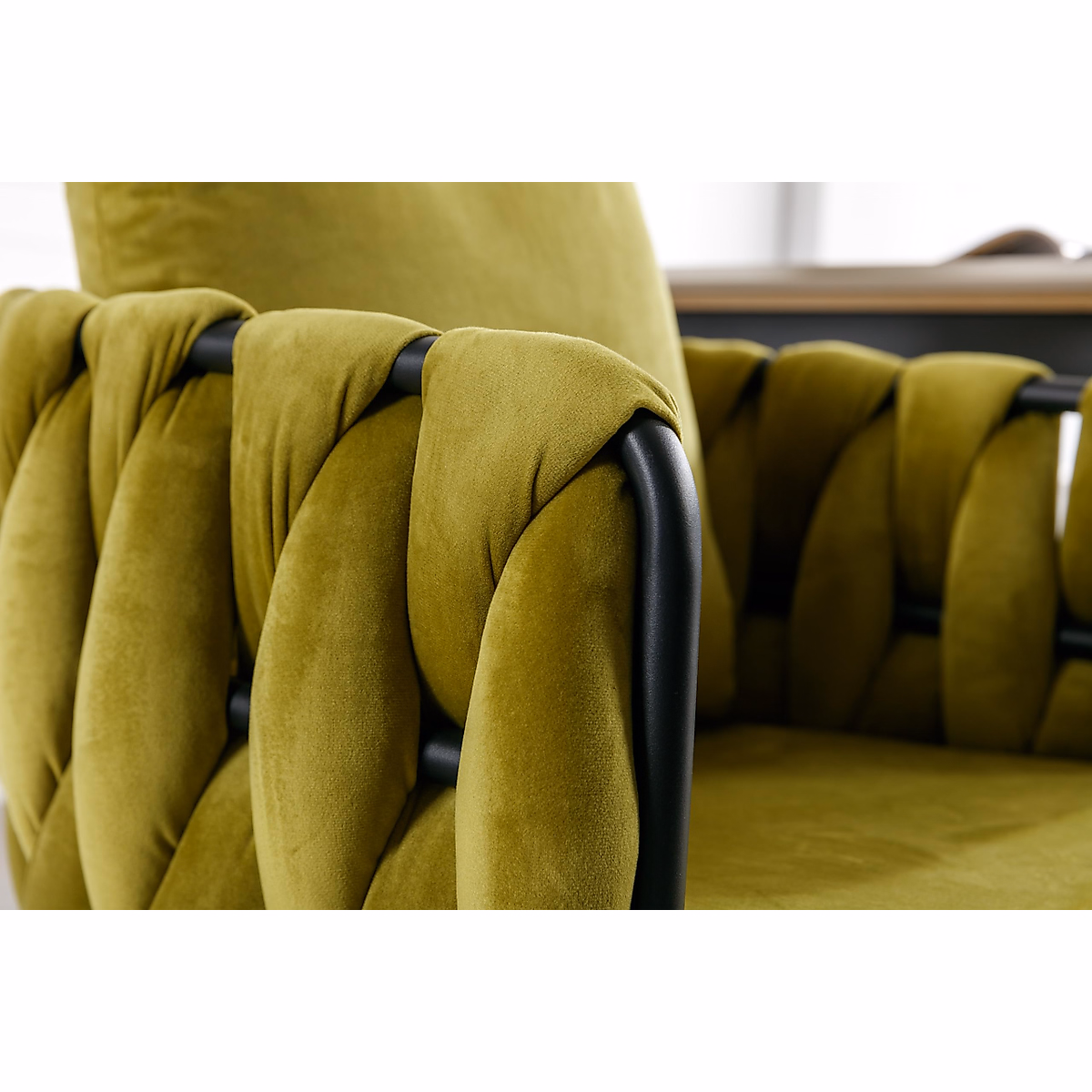 INMOZATA Mid Century Modern Dining Chairs Set of 2, Hand Weaving Accent Chairs Living Room Chairs, Upholstered Velvet Armchair with Metal Legs for Dining Room Kitchen Living Room Vanity,Olive Green