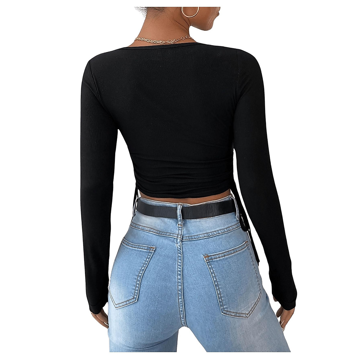 SOLY HUX Long Sleeve Wrap Crop Tops for Women Sexy Ruched V Neck T Shirts Tie Side Fitted Tees Going Out Top Solid Black XS