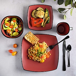 Gibson Soho Lounge Square Reactive Glaze Stoneware Dinnerware Set, Service for 4 (16pc), Matte Red