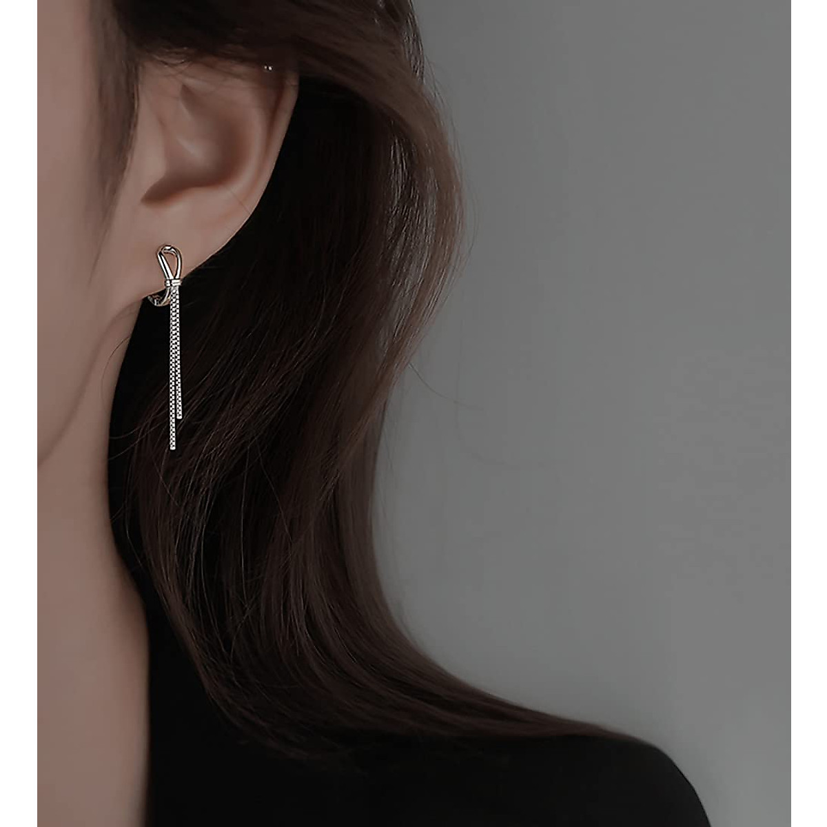 SLUYNZ 925 Sterling Silver Hoop Earrings Tassel for Women Teen Girls Bow Hoop Earrings Huggie Dangling Chain (A-Silver)