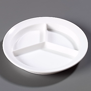 Carlisle FoodService Products Kingline Divided Plate Deep Compartment Plate with 3 Compartments for Home and Restaurant, Melamine, 8.75 Inches, White