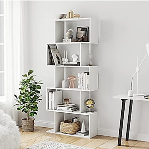 Sunon Geometric 5-Tier Bookshelf, Modern Bookshelf 5 Standing Shelves Bookcase S Shape Display Shelf and Room Divider, Unique Z Freestanding Decorative Storage Shelving Corner Bookcase for Bedroom