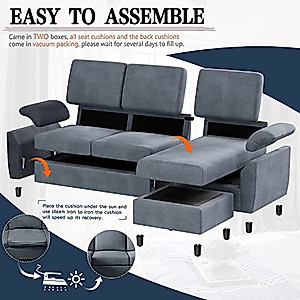 Meilocar 79” Modern Sectional Sofa Couch, Convertible L Shaped Couch with Reversible Ottoman, 3-Seat Sofa Sectional with Removable Armrest for Living Room, Apartment, Small Space, Blue Grey