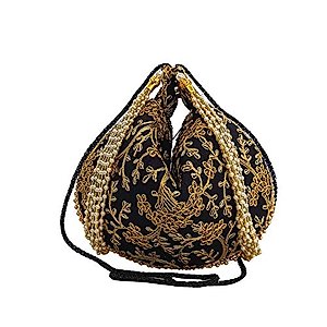 Women's Handmade Silk Drawstring Purse, Indian Potli Bag, Black Crossbody Triangle Purse