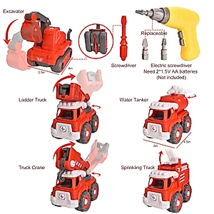 Doahurry Fire Truck Toy Take Apart Robot Transformers Toys 5 in 1 Construction Vehicle Comes with a Electric Drill, Assembly Robot Building Toy Crane Toy Kids Ages 4-12 Birthday (Red)