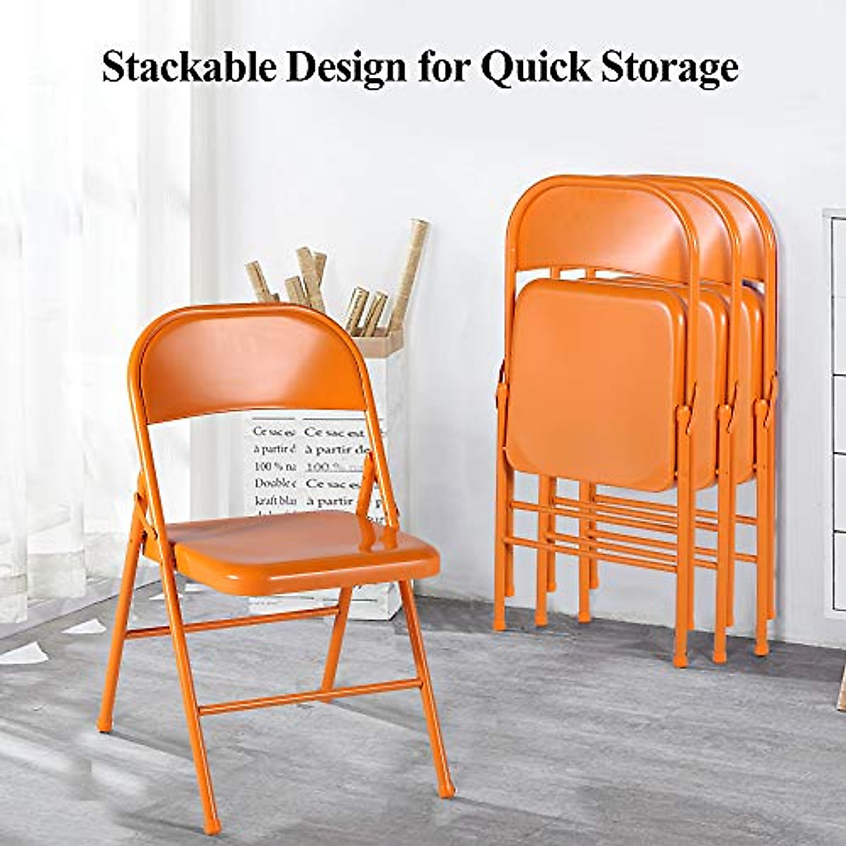 VECELO Metal Frame Steel Folding Mounted Chairs with Triple Braced & Double Hinged Back for Home Office,350-Pound Capacity,Orange, Pack of 4
