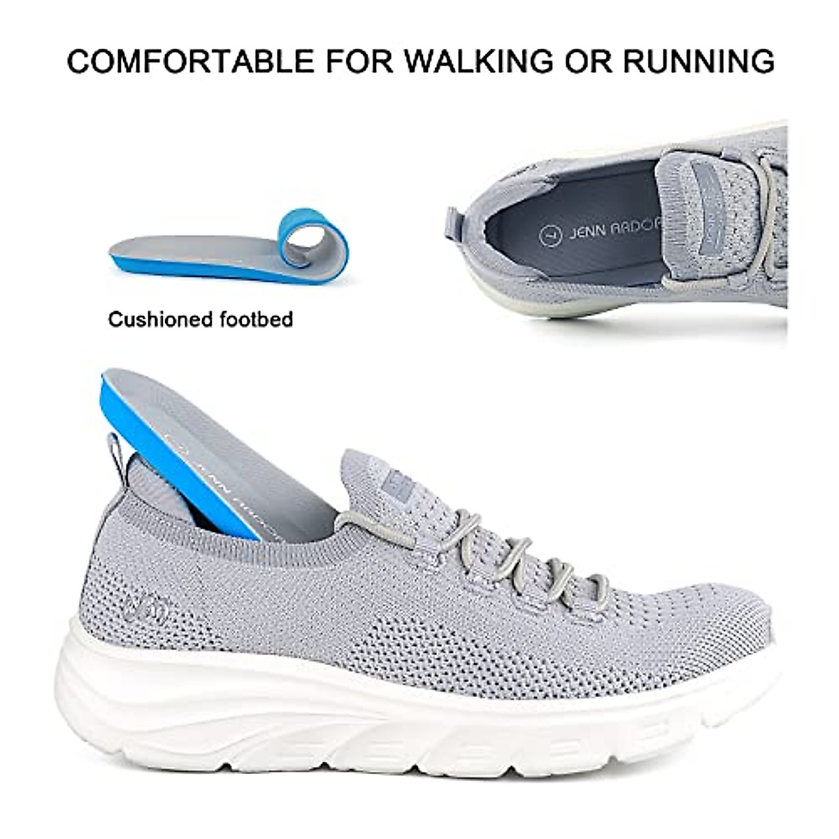 JENN ARDOR Womens Slip On Sneakers Walking Tennis Shoes Fashion Lightweight Casual Lace Up Running Sneakers for Gym Ladies Breathable Mesh Comfortable Grey 7