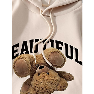 GORGLITTER Women's Graphic Letter Print Preppy Hoodies Long Sleeve Drop Shoulder Drawstring Pullover Sweatshirt Khaki Small