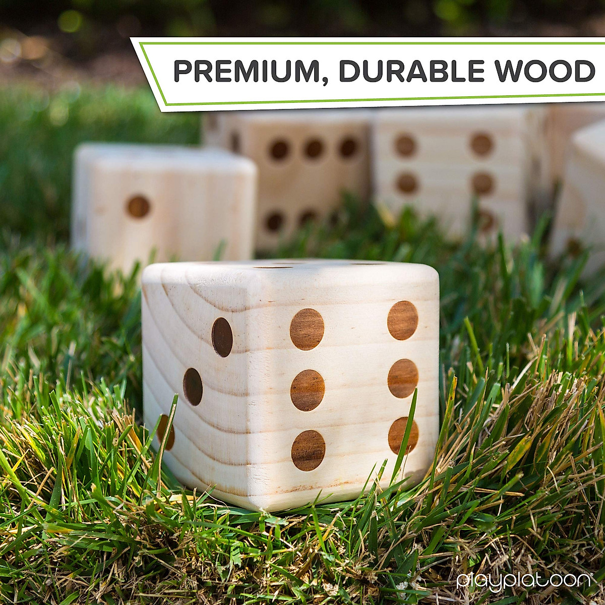 Play Platoon Giant Wooden Dice, Yardzee Outdoor Game with Bucket, 3.5" Giant Wooden Games for Families, 6 Large Dice, Collapsible Bucket, Score Cards, Dry Erase Marker