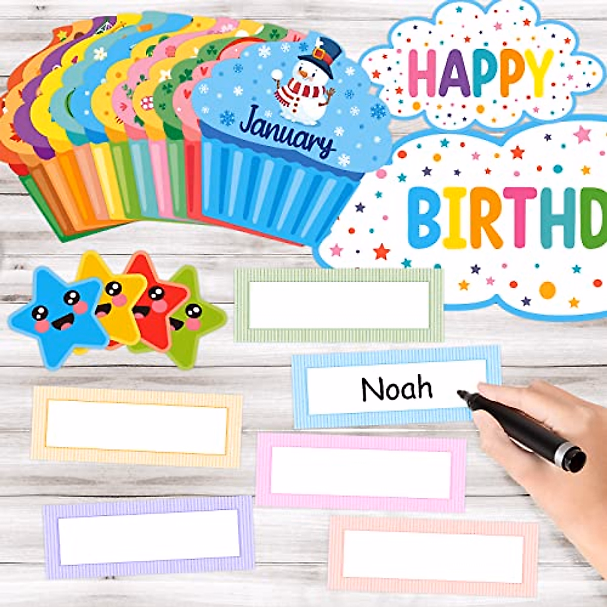 64 Pcs Happy Birthday Bulletin Board Set Bright Cupcake Cut-Outs for Calendars Classroom Decoration