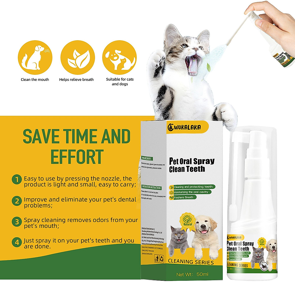 WUKALAKA Dog Breath Freshener, TeethCleaning Spray for Dogs & Cats, Pet Oral Spray Clean Teeth, Dog Dental Care Teeth Cleaning Spray, Remove & Fight Bad Breath Caused by Tartar for Dogs & Cats