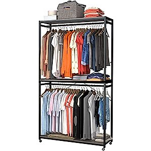 TOPSKY Clothes Rack, Clothing Garment Rack on Wheels, 3 Tiers Shelves Double Hanging Rod Clothes Garment Racks with Storage Shelves Heavy Duty (Espresso Gray)