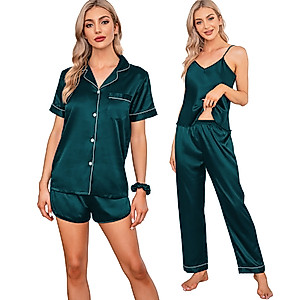 SWOMOG Womens Silk Satin Pajamas Sets 7pcs Sleepwear Sexy Cami Shorts Set and Button Down Short Sleeve Satin Pjs Deep Green Large