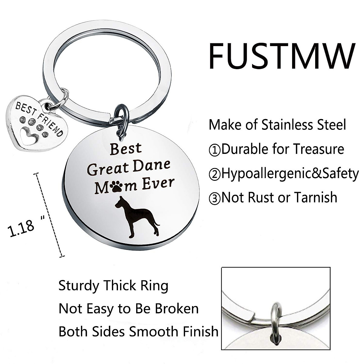 FUSTMW Great Dane Lover Gifts Best Great Dane Mom Ever Keychain Great Dane Mom Gifts for Dog Owners (silver)