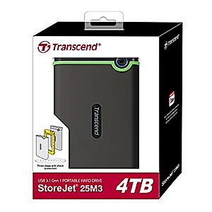 Transcend 4TB SJ25M3, USB 3.1 Portable Hard Drive Rugged, Anti-Shock Resistant, Compact and Lightweight with Lightning-Fast Speeds, One Touch Backup Button, Iron Grey - TS4TSJ25M3S