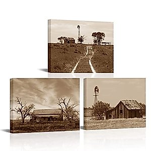 LyerArtwork Sepia Farmhouse Pictures Rustic Brown Old Barn Windmill Canvas Prints Wall Art Vintage Retro Rural Country Wall Decor Artwork for Living Room Bedroom Decoration Ready to Hang