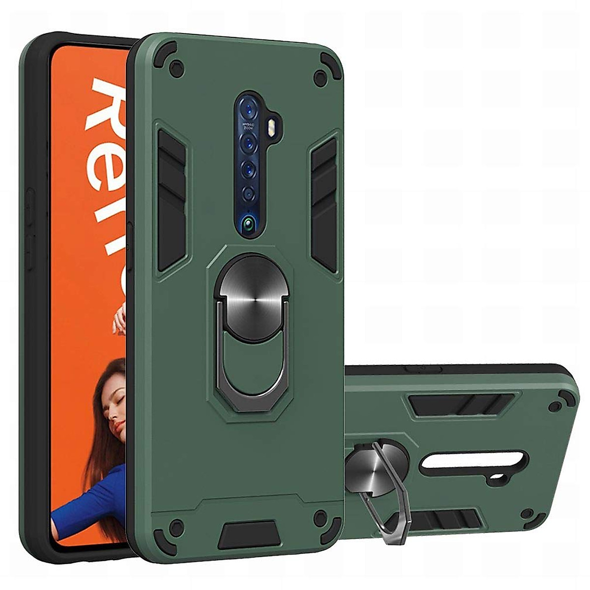 LEMORRY Case Compatible with Oppo Reno2 Case, Armor Cover Dual Layer Soft TPU Silicone + Hard PC Shell with 2in1 Ring-Stand & Car Holder, Shockproof Slim Fit Case Cover for Oppo Reno2, Green