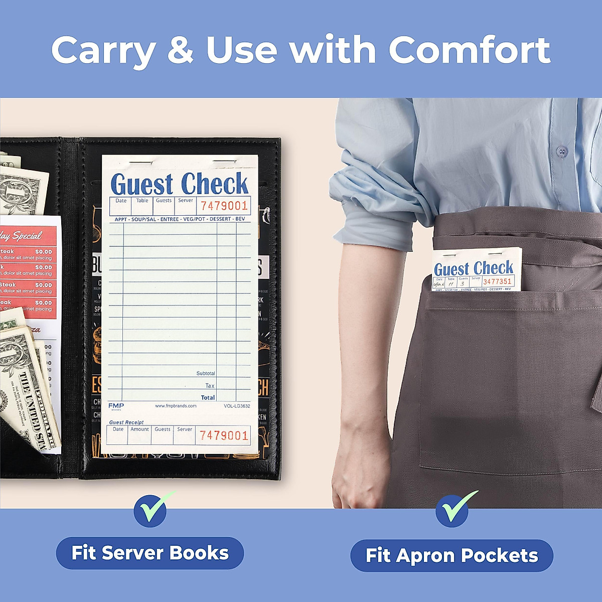 Server Note Pads [10 Books] - Guest Checks Notepad for Waiter Waitress Servers, Commercial Check Pads with Guest Receipt for Restaurants Food Order, 50 Sheets/Pad
