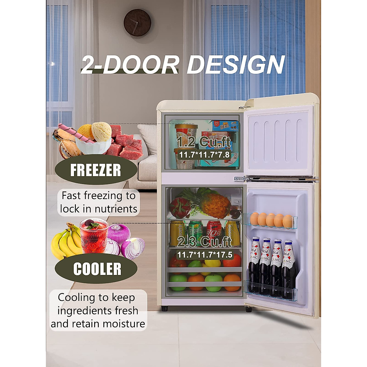 KRIB BLING 3.5 CU.FT Compact Refrigerator 2 Door Mini Fridge with Freezer, Mini Refrigerator with Removable Glass Shelves Small Drink Food Storage Cooler for Office, Dorm, Apartment, Cream