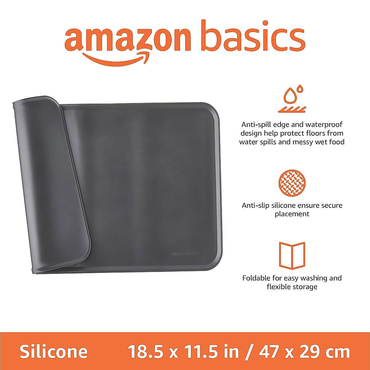 Amazon Basics Waterproof Anti-Slip Silicone Pet Food and Water Bowl Mat, Solid, 18.5 x 11.5 Inches, Black