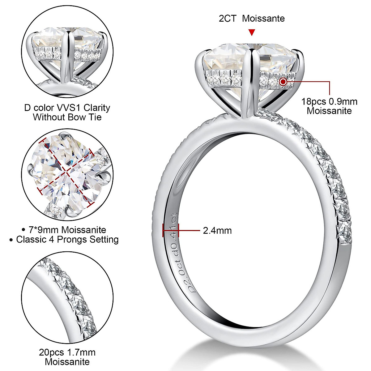 Hitlinker Moissanite Engagement Rings for Women 2ct Oval Cut Promise Wedding Rings for Her 925 Sterling Silver Solitaire Lab Created Diamond Rings Anniversary Ring for Womens Size 6