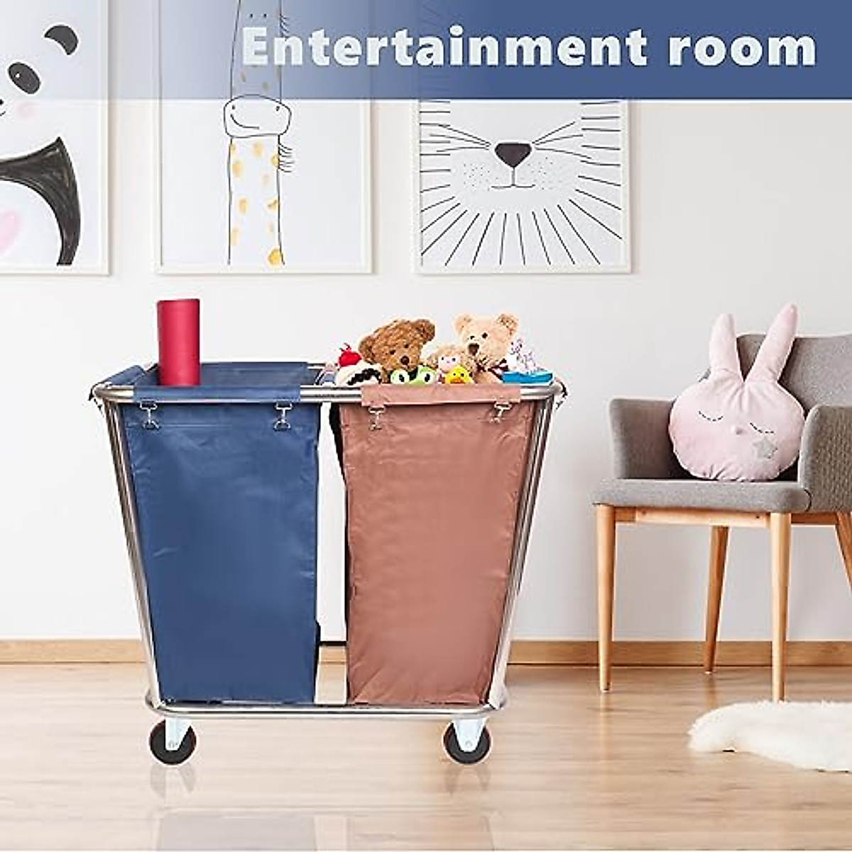 MYOYAY Laundry Cart with Wheels 350L Large Laundry Sorter 2 Section Laundry Basket with Steel Frame and Removable Bag Laundry Hamper Rolling Cart for Commercial/Home/Hotel, 35.4" x 25.5" x 32.2 "