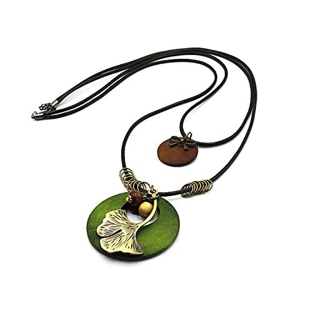 Les umes Vintage Necklace Wooden Pendant Long Necklaces for Women Boho Ethnic Style Handmade Jewelry Ginkgo Green