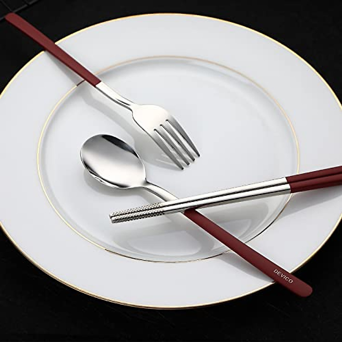 DEVICO Travel Utensils, 18/8 Stainless Steel 4pcs Cutlery Set Portable Camp Reusable Flatware Silverware, Include Fork Spoon Chopsticks with Case (Red)