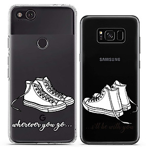 Cavka Matching Couple Cases Compatible for Google Pixel 8 Pro 7a 7 Pro 6 Pro 6a 6 5a 5 XL 4a 5G 4 XL 4a Crystal Sneakers Wherever You Go I Will Be With Clear Silicone Cover Converse Anniversary Friend