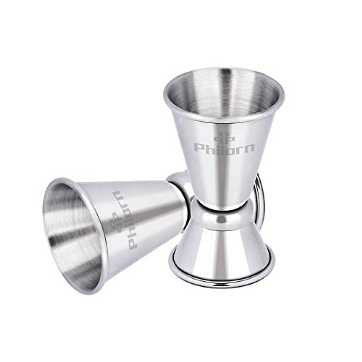 PHILORN 2 Set Double Jigger 0.5 & 1 oz 304 Stainless Steel with Recipe 15ml & 30ml Measuring Cup Measure Liquor Quickly Accurately Cocktail Jigger Round Edge and Thin Waist for Comfort Holding