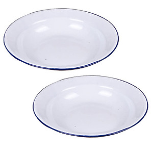 Ipetboom Enamel Plates 2pcs Enamelware Dinner Serving Platter Trays Retro White Round Shallow Bowls Vintage Enamel Basin Mixing Bowls with Blue Rim 18CM