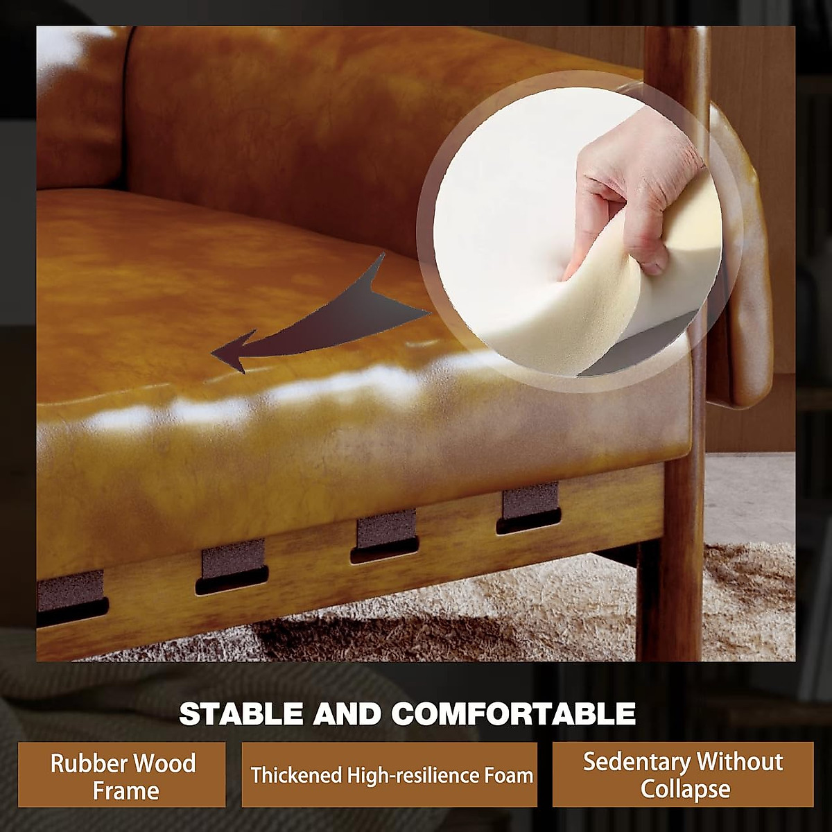 BAOMKONG Accent Leisure Chair,Vintage Chair with Solid Wood and Oil Wax Leather Upholstered,Armrest Chair for Living Room, Bedroom, Reading, Balcony,Brown