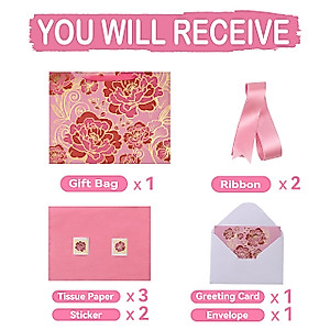 16.5" Extra Large Rose Pink Gift Bag Set with Greeting Card and Tissue Paper(Foil Traced Flowers) for Celebrating Birthdays, Mother's Day, Weddings, Anniversary, Valentine's Day - 16.5”x5.5”x12.6”, 1 Pcs.