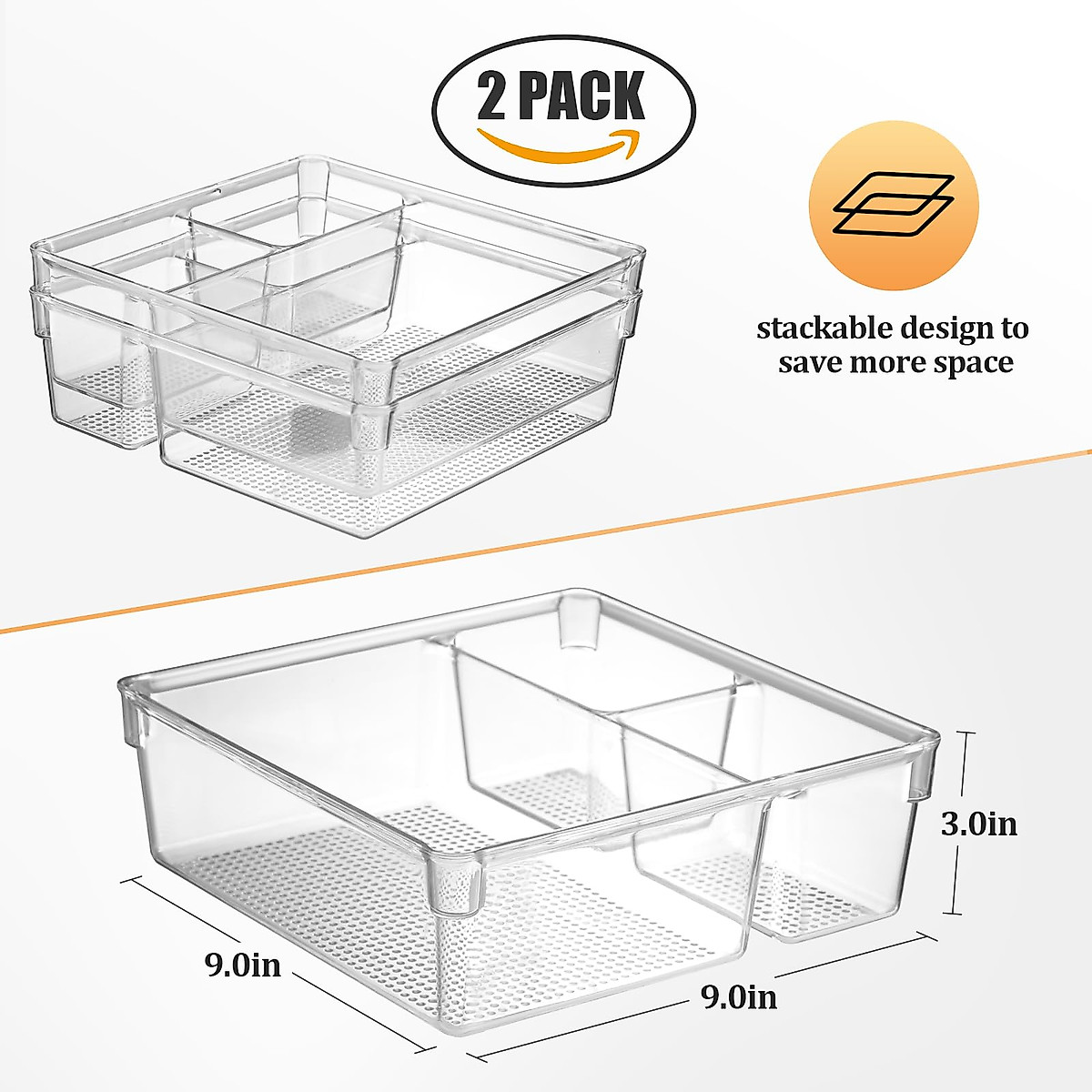 CherHome Drawer Organizer，2PCS Clear Organization and Storage Set，Desk Drawer Organizer Food Snack Organizer，Plastic Organizer Bins for Kitchen Drawer，Bathroom，Makeup and Office(13 X 8.9 X 2.3in)