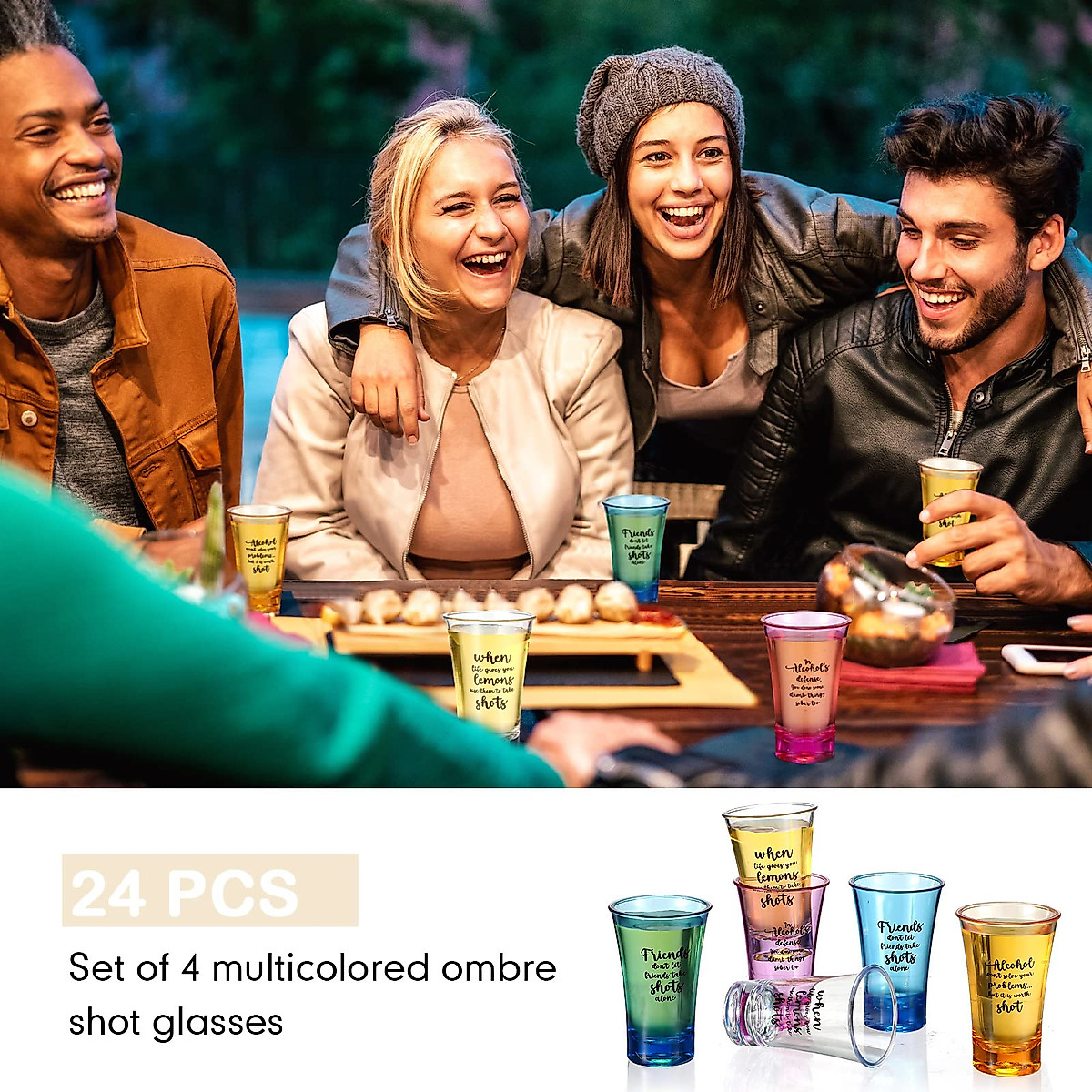 Zeyune 1.2oz Colorful Shot Glasses Acrylic Unbreakable Party Shot Glasses Compatible with 6 Shot Glass Dispenser and Holder(Clear, Yellow, Blue, Purple, 24 Pcs)