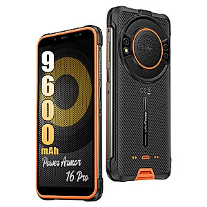 Ulefone Power Armor 16 Pro Rugged Smartphone 2023, 9600mAh Battery Android 12 4GB+64GB Waterproof Cell Phone, 16MP Camera+8MP Camera, 5.93" HD+ Screen Dual SIM 4G Rugged Phone NFC GPS OTG FM, Orange