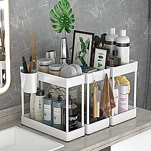 Lovelyduo 3 Pack Under Sink Organizer and Storage, 2 Tier Bathroom Kitchen Undersink Organizers with Hooks, Hanging Cups, Multi-purpose Sink Storage Cabinet White