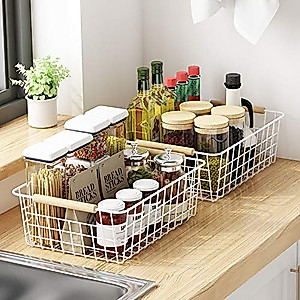 LeleCAT Wire White Baskets with Handles Wire Storage Organizer Baskets For Kitchen, Household Refrigerator for Cabinets, Pantry, Closets, Bedrooms - Set of 4(White)