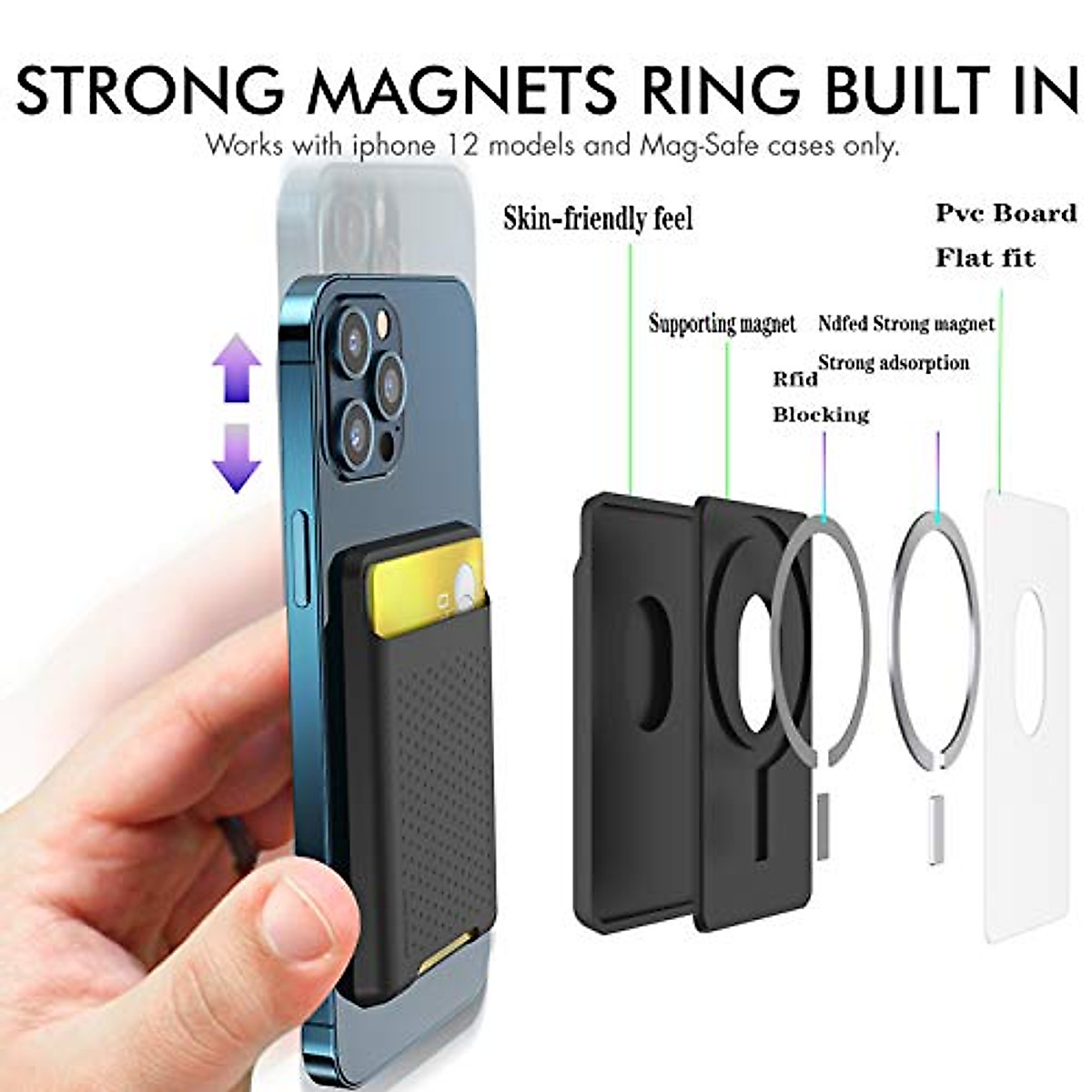 BIAJIYA Card Holder for Back of Phone for MagSafe Magnetic Silicone Wallet Compatible with iPhone 14/13/12/12 Pro/ 12 Mini/ 12 Pro Max Black