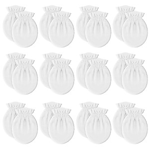 12 Pairs Newborn Baby Mittens,Unisex-Baby No Scratch Mittens,100% Cotton White Mittens for Baby 0-6 Months