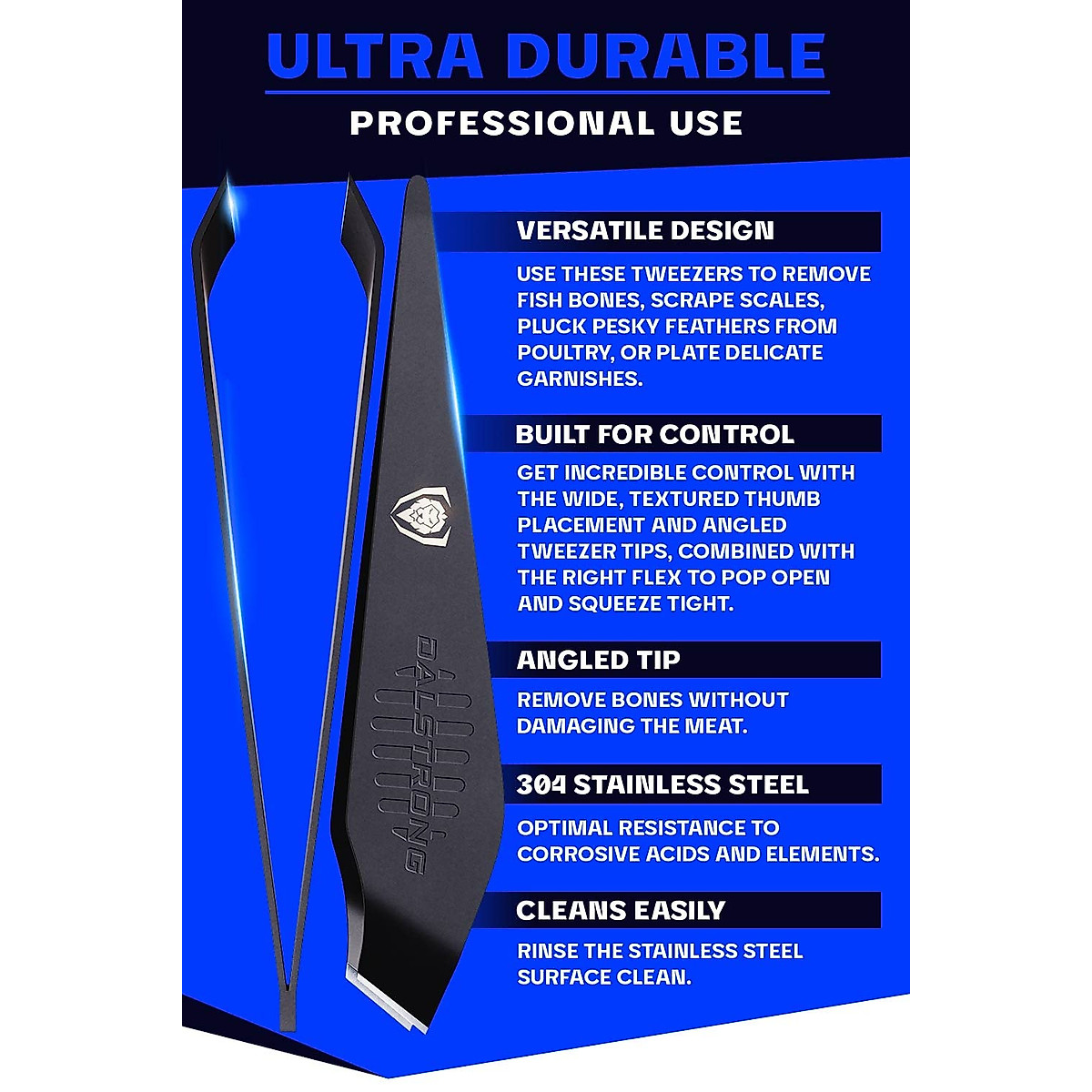 DALSTRONG Professional Fish Bone Tweezers - 6 inch - Premium 304 Stainless Steel - Black Titanium Coating - Ambidextrous Design - Angled, Beveled Tip for Precision Work - Fish Pliers Remover Tool