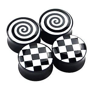 Awinrel Checkered and Spiral Saddle Ear Gauges Set UV Acrylic Ear Plugs Tunnel Stretcher Expander Body Piercing Jewelry 4 Pieces 00G 10mm