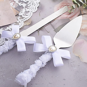 ATAILOVE Wedding Cake Knife and Server Set, White Lace Stainless Steel Cake Knife Serveing, Wedding Knife Set for Bride and Groom